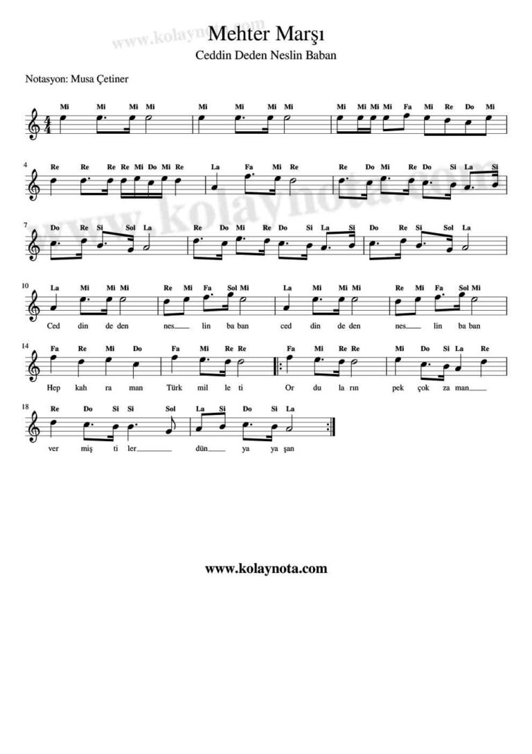 Mehter Marşı - Ceddin Deden Neslin Baban Do Re Mi Notaları