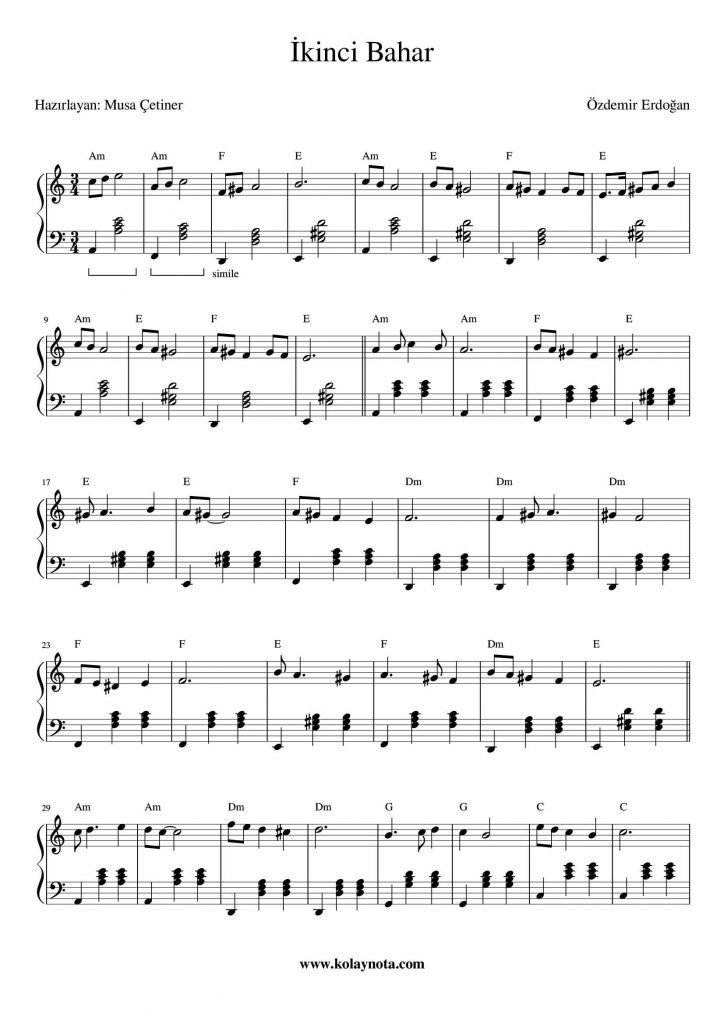 İkinci Bahar - Piano Notası » Kolaynota.com
