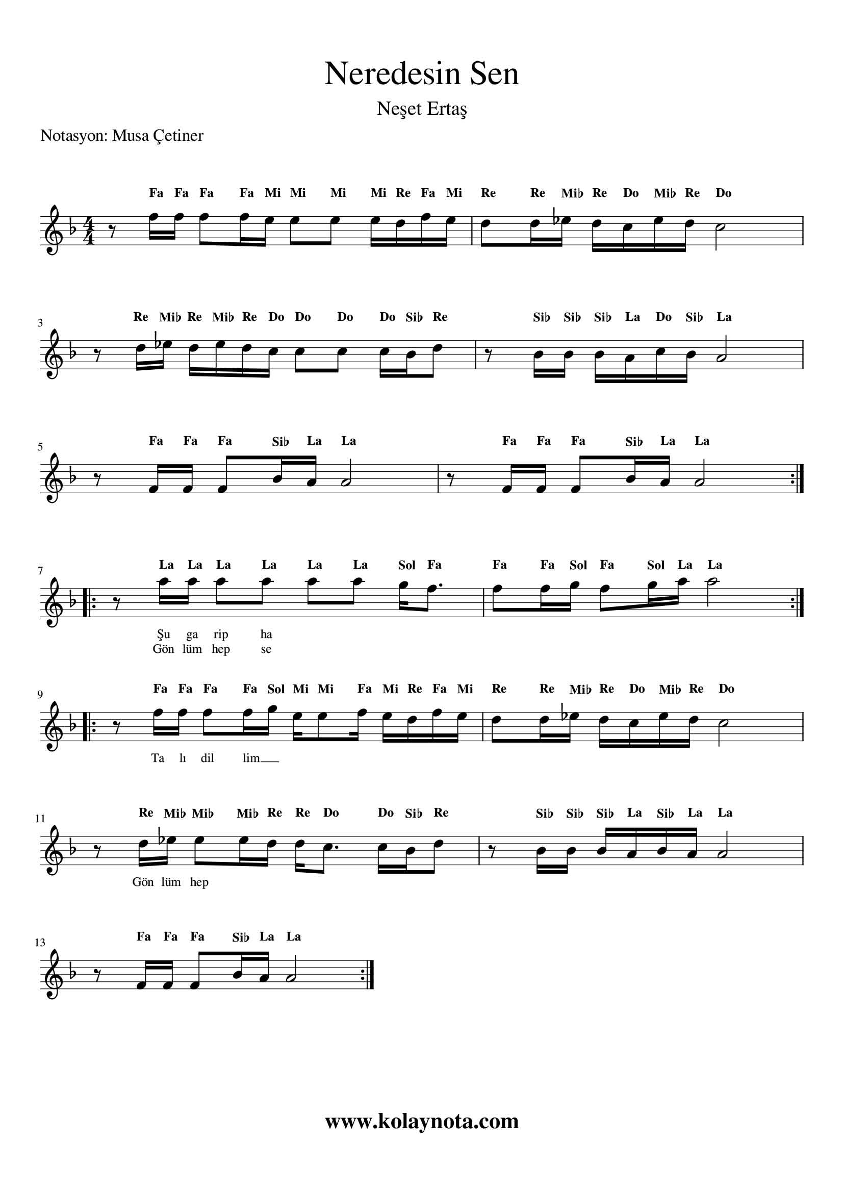 Neredesin Sen - Kolay Notası » Kolaynota.com