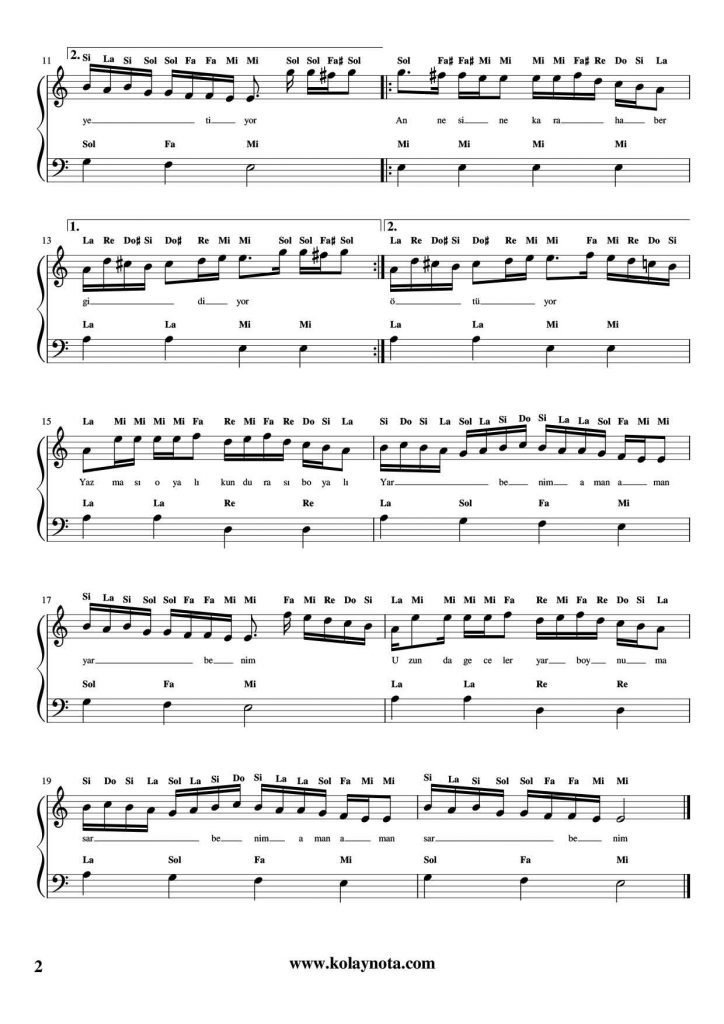 İki Keklik Bir Kayada Ötüyor - Kolay Piyano Notası » Kolaynota.com