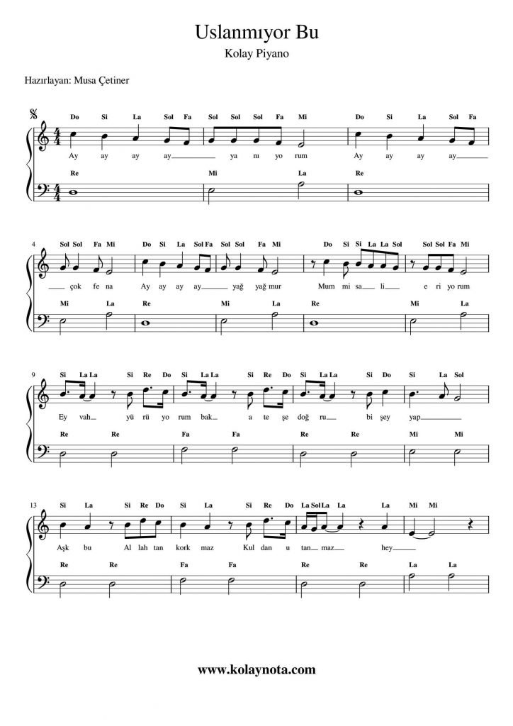 Uslanmıyor Bu - Kolay Piyano Notası » Kolaynota.com