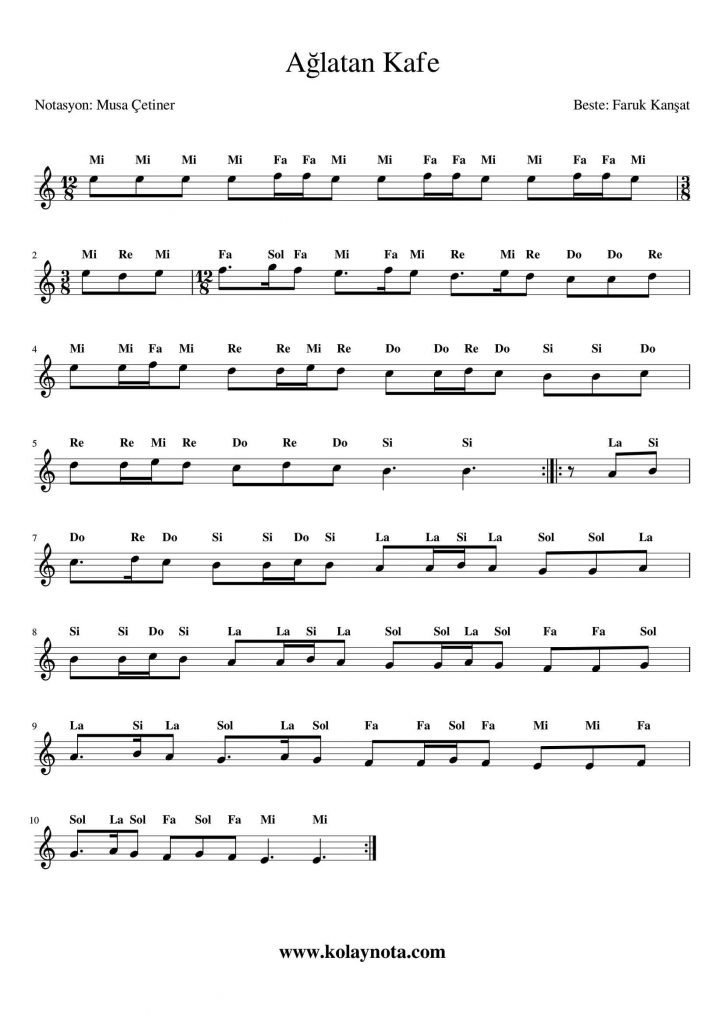 Ağlatan Kafe Kolay ve Piyano Notaları » Kolaynota.com