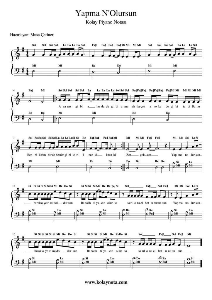 Yapma N'Olursun - Kolay Piyano Notası » Kolaynota.com