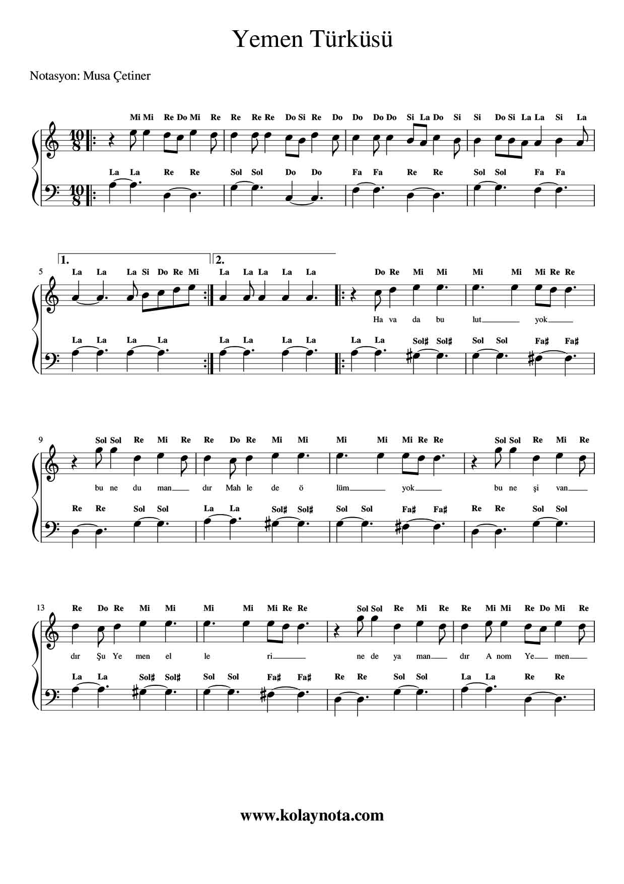 Yemen Türküsü - Kolay Piyano Notası » Kolaynota.com