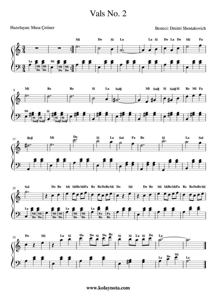 Shostakovich - Vals No. 2 - Piyano Notası » Kolaynota.com