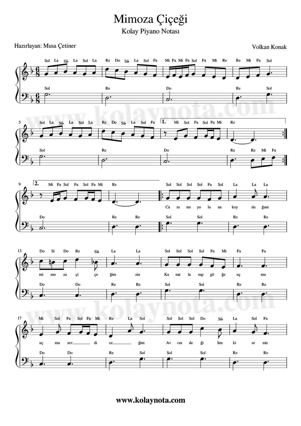 Mimoza Çiçeğim - Do Re Mi Notaları » Kolaynota.com