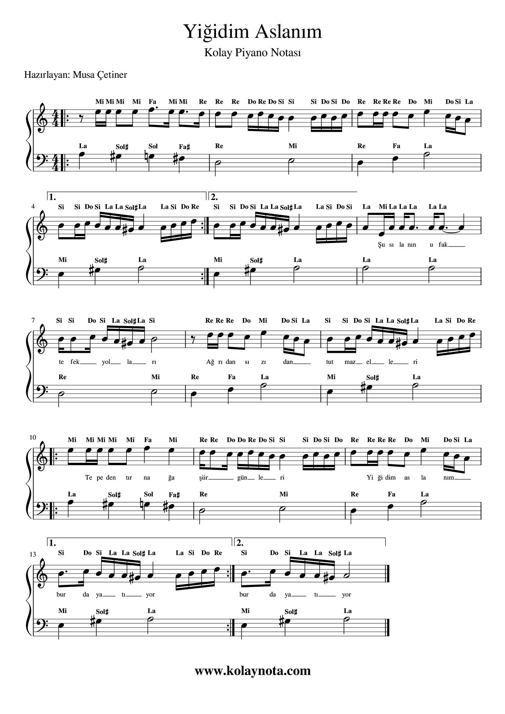 Zülfü Livaneli - Yiğidim Aslanım - Kolay Piyano Notası » Kolaynota.com