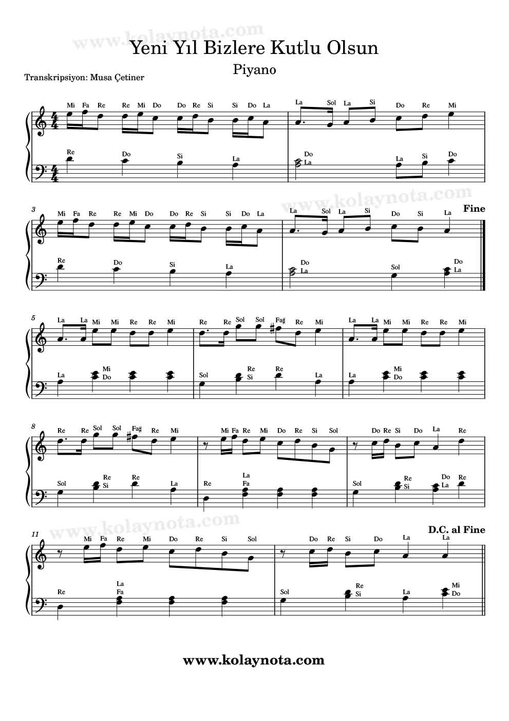 Yeni Yıl Bizlere Kutlu Olsun Notaları » Kolaynota.com