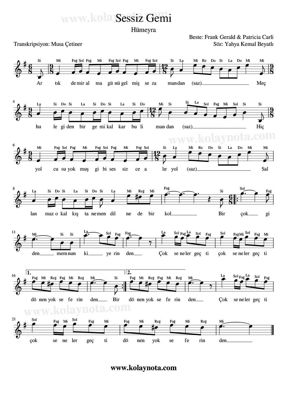 Hümeyra – Sessiz Gemi – Nota » Kolaynota.com